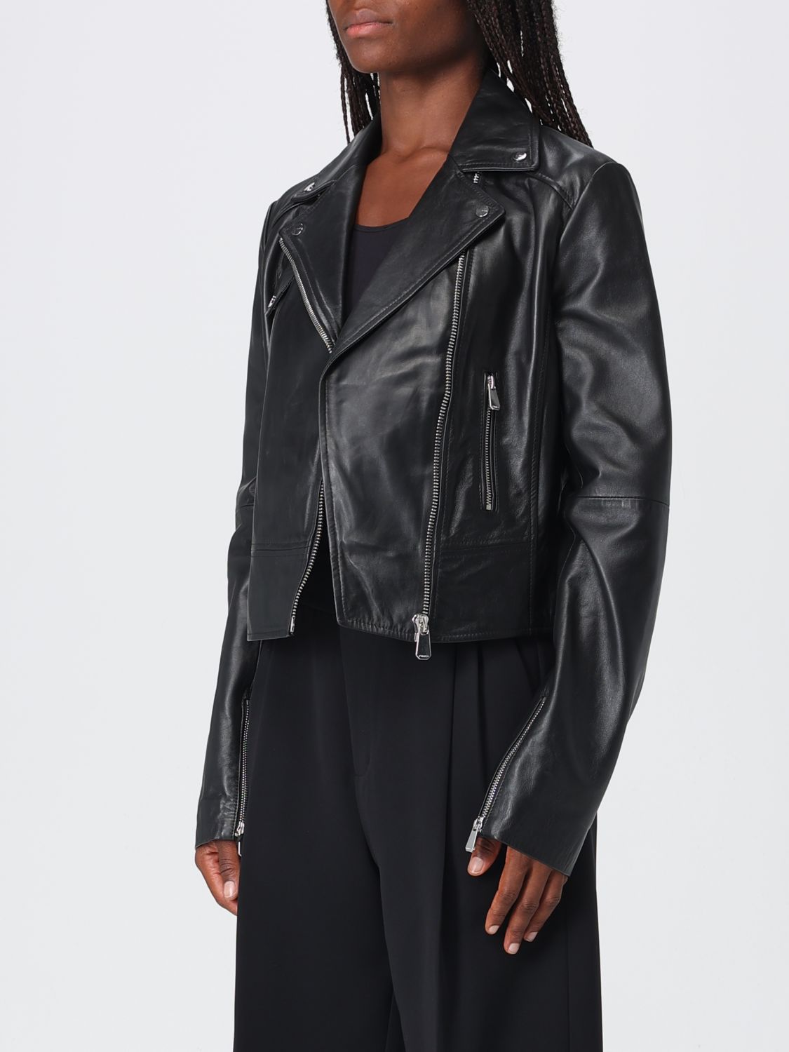 PINKO Pinko Cropped Lamb Nappa Biker Jacket with Asymmetric Zip
