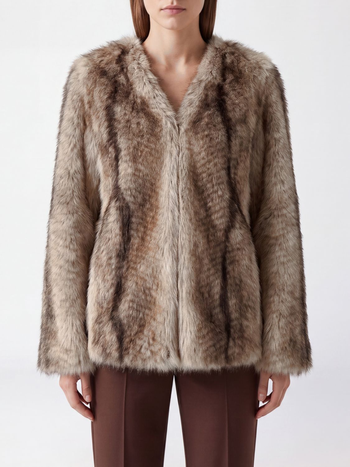 TWINSET Twinset V-Neck Abstract Pattern Faux Fur Coat