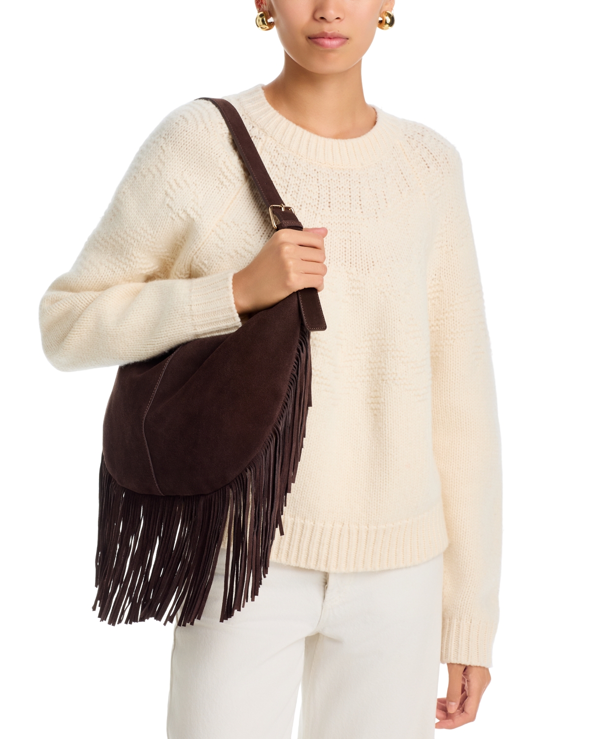 AQUA Aqua Large Fringed Suede Hobo Bag
