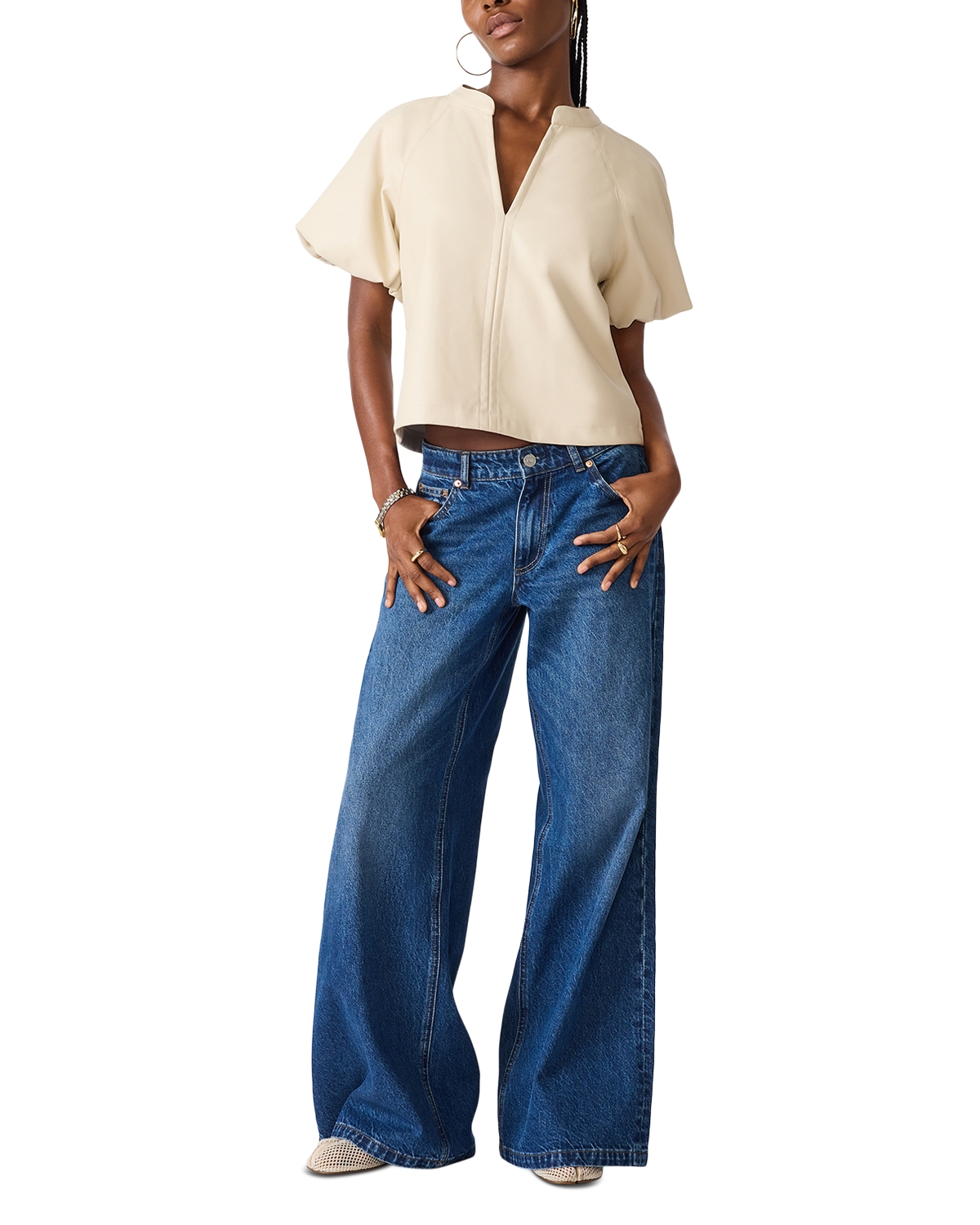 STEVE MADDEN Steve Madden Cecila Faux Leather Puff Sleeve Top