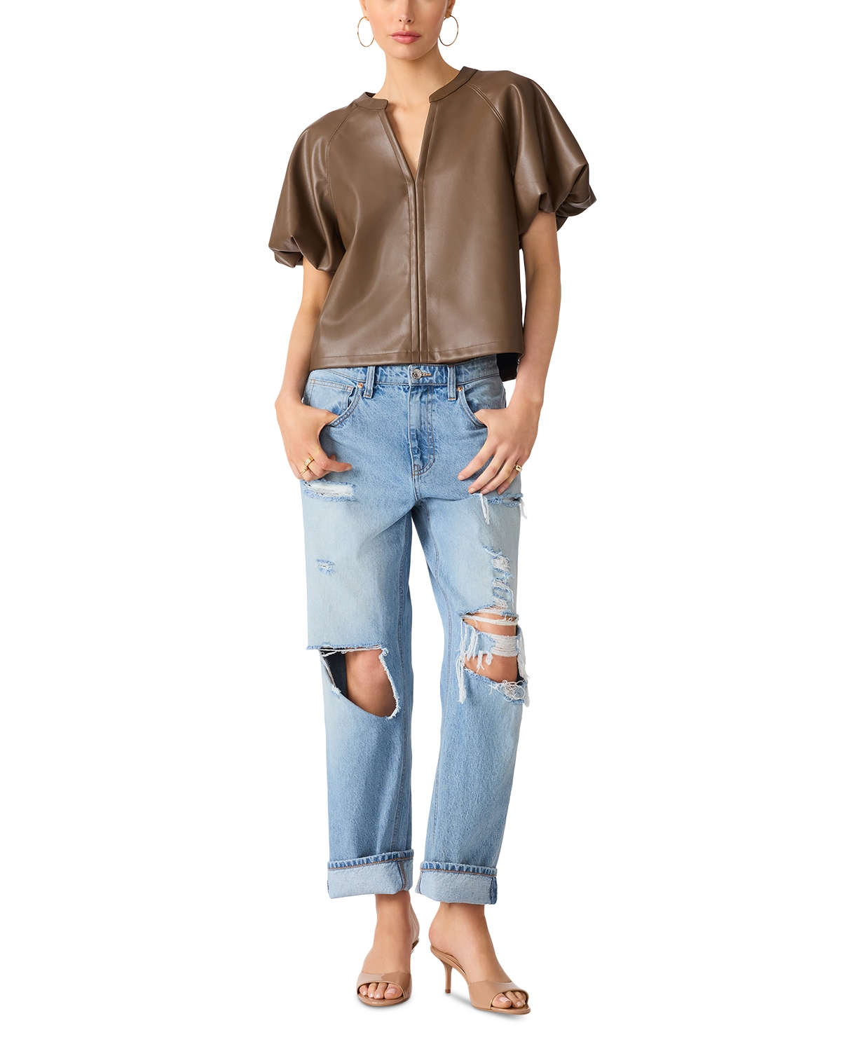 STEVE MADDEN Steve Madden Cecila Faux Leather Puff Sleeve Top
