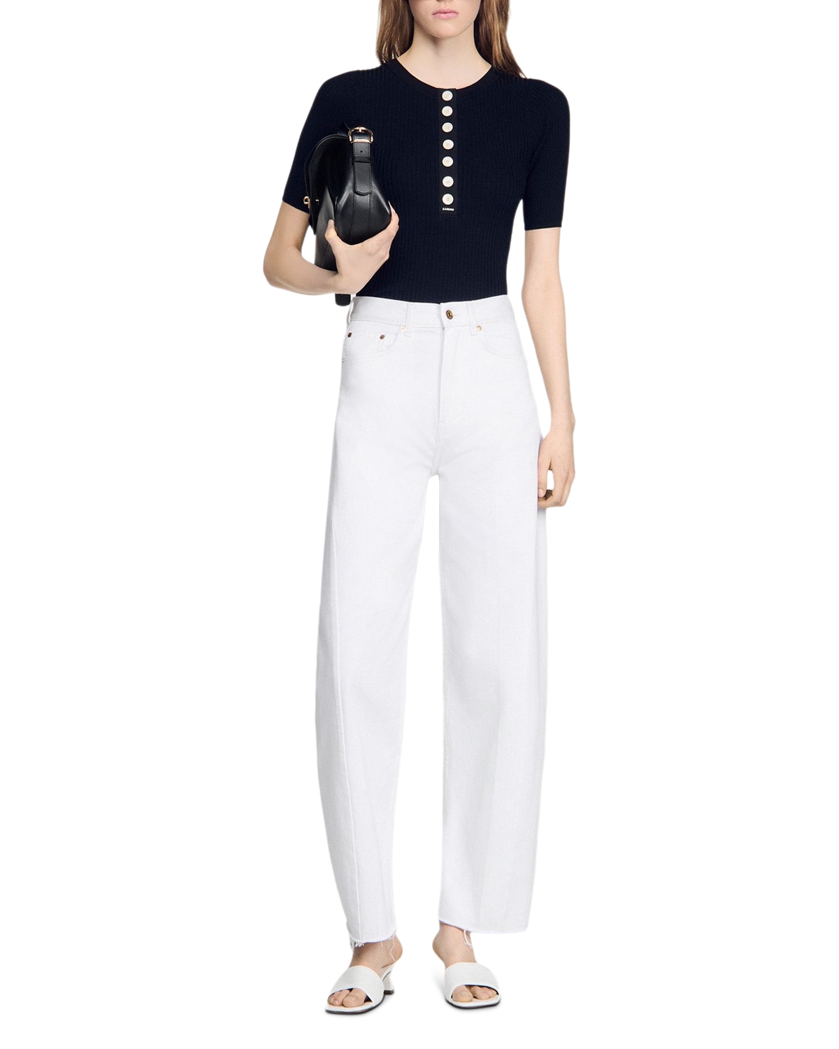 SANDRO Sandro Calypsea Ribbed Round Neck Button-Up Sweater