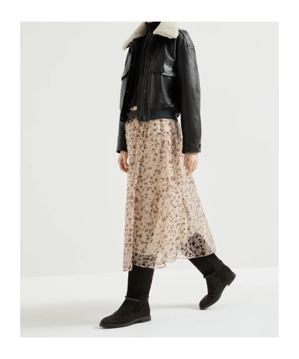 BRUNELLO CUCINELLI Brunello Cucinelli Lynx-Print Silk Organza Pleated Skirt
