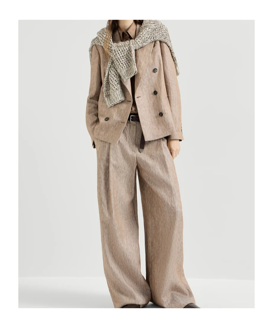 BRUNELLO CUCINELLI Brunello Cucinelli Linen Denim Double-Breasted Blazer with Monili Embellishment