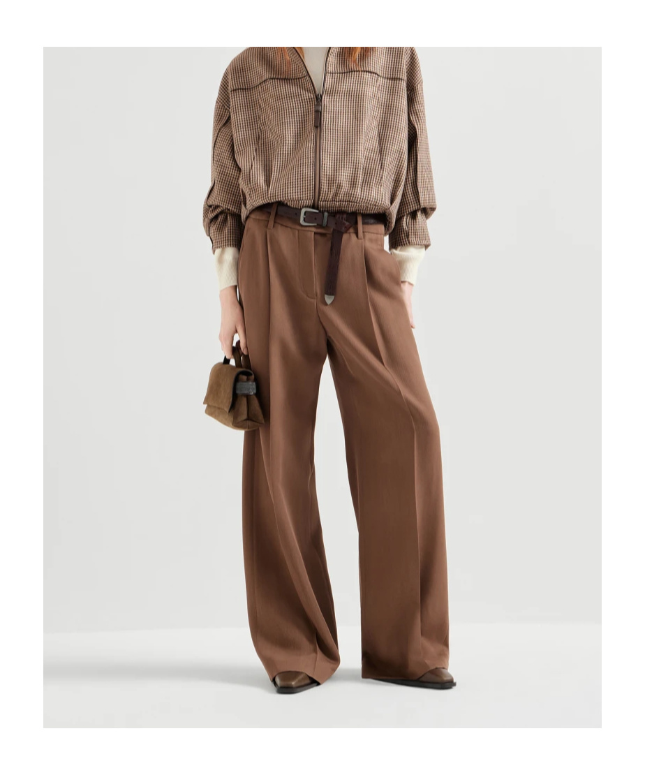 BRUNELLO CUCINELLI Brunello Cucinelli Virgin Wool and Viscose Tricotine Loose Pleated Trousers with Monili