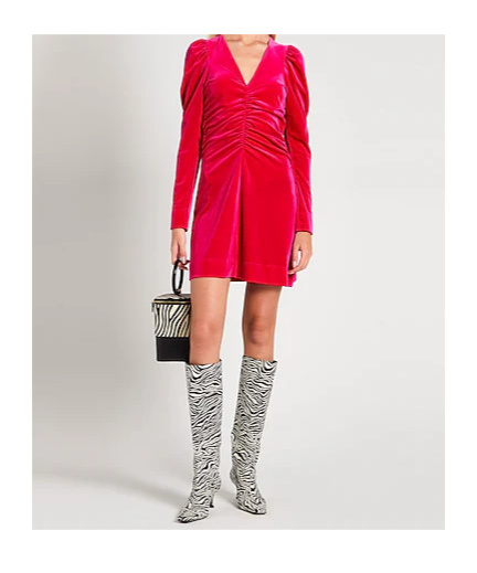 GANNI Ganni Velvet Gathered V-Neck Long Sleeve Dress