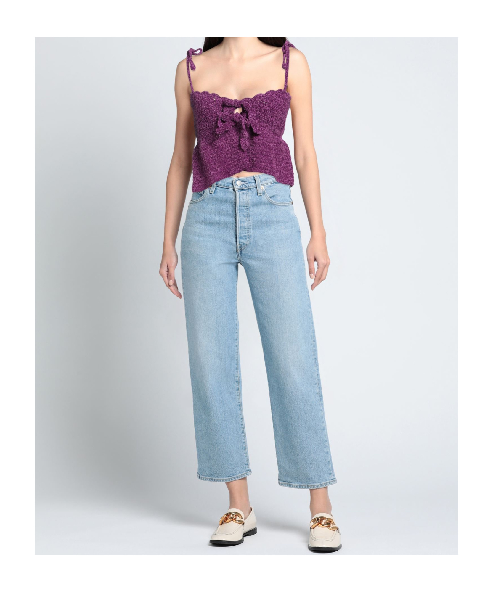 GANNI Ganni Cropped Knit Top with Deep V Neckline and Tie Detail