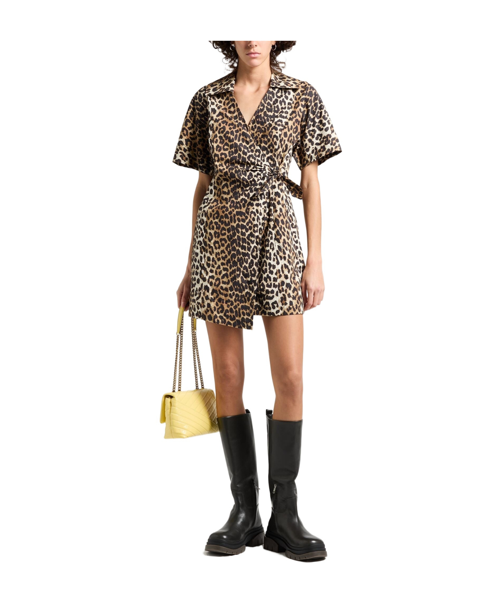 GANNI Ganni Leopard Print V-Neck Short Sleeve Dress with Tie Detail and Pockets