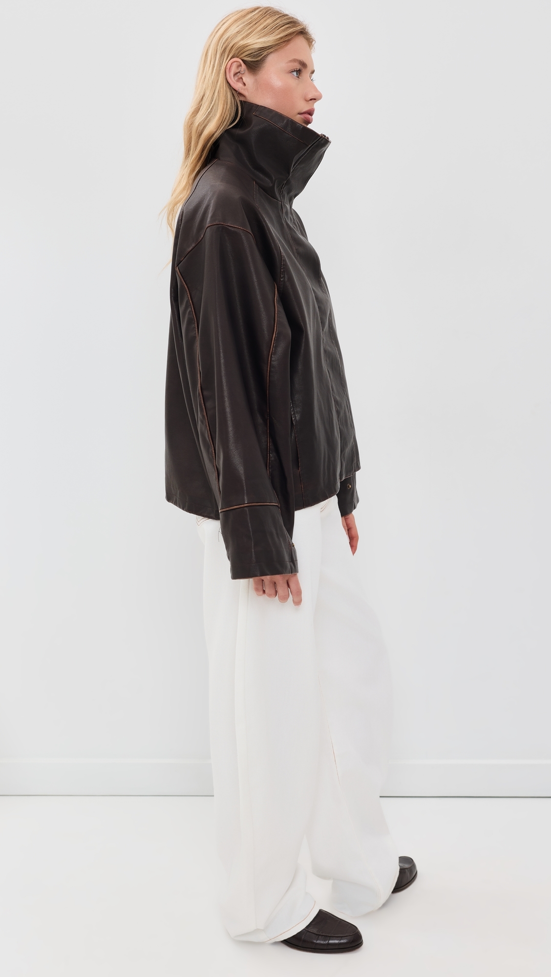 LIONESS Lioness Shoreline Funnel Neck Faux Leather Jacket