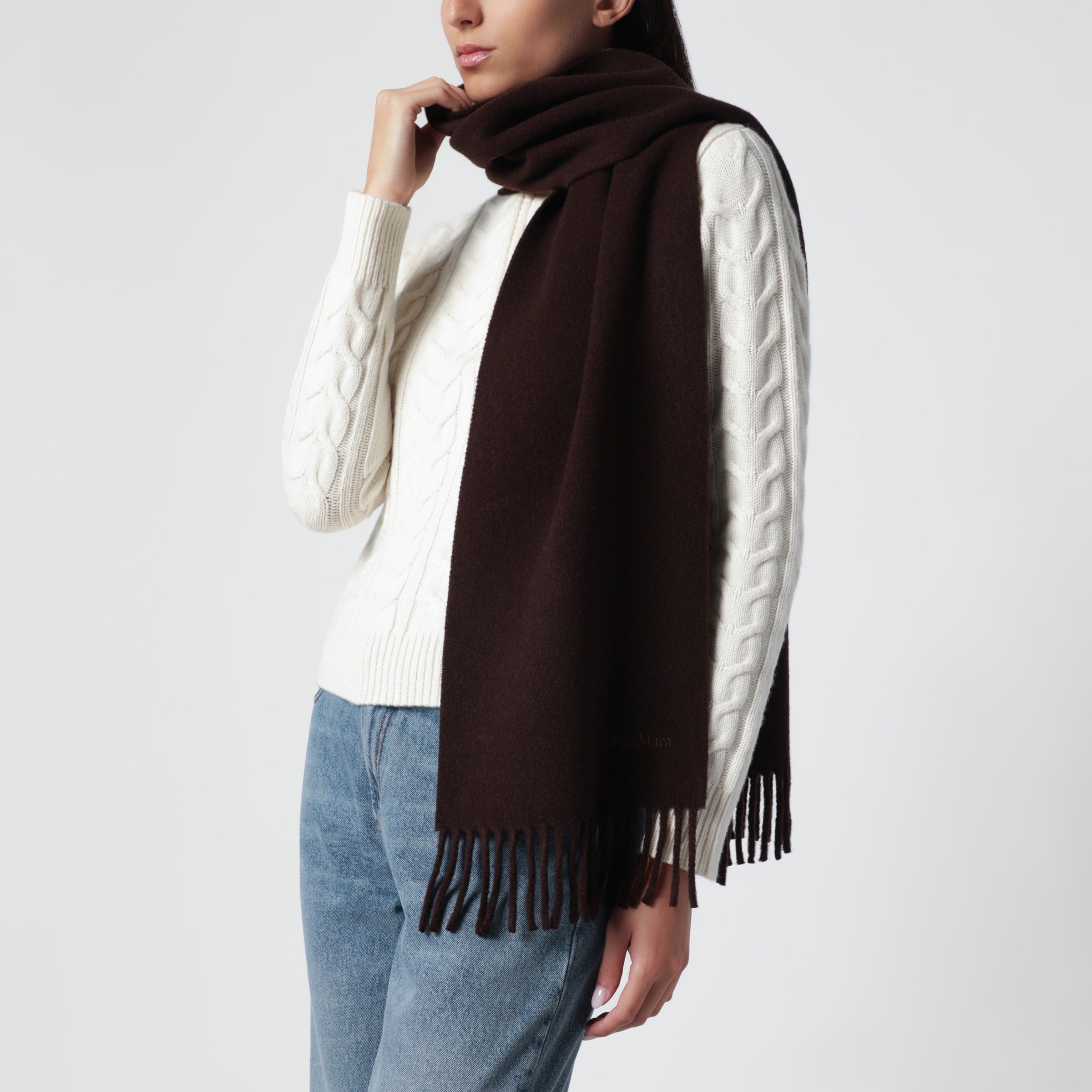 MAX MARA Brown Wool Scarf with Fringes