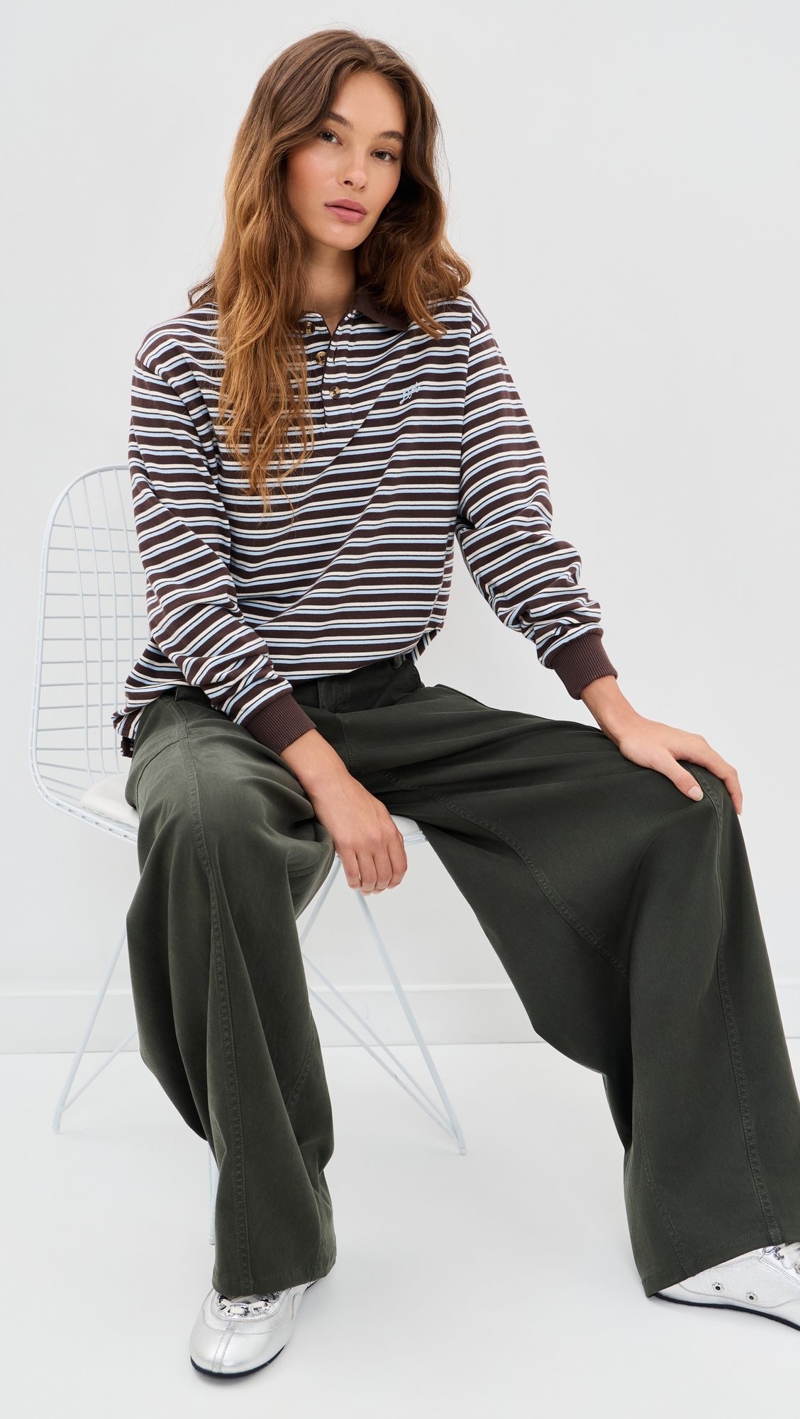 DAMSON MADDER Damson Madder Remie Rugby Long Sleeve Polo Shirt with Stripes