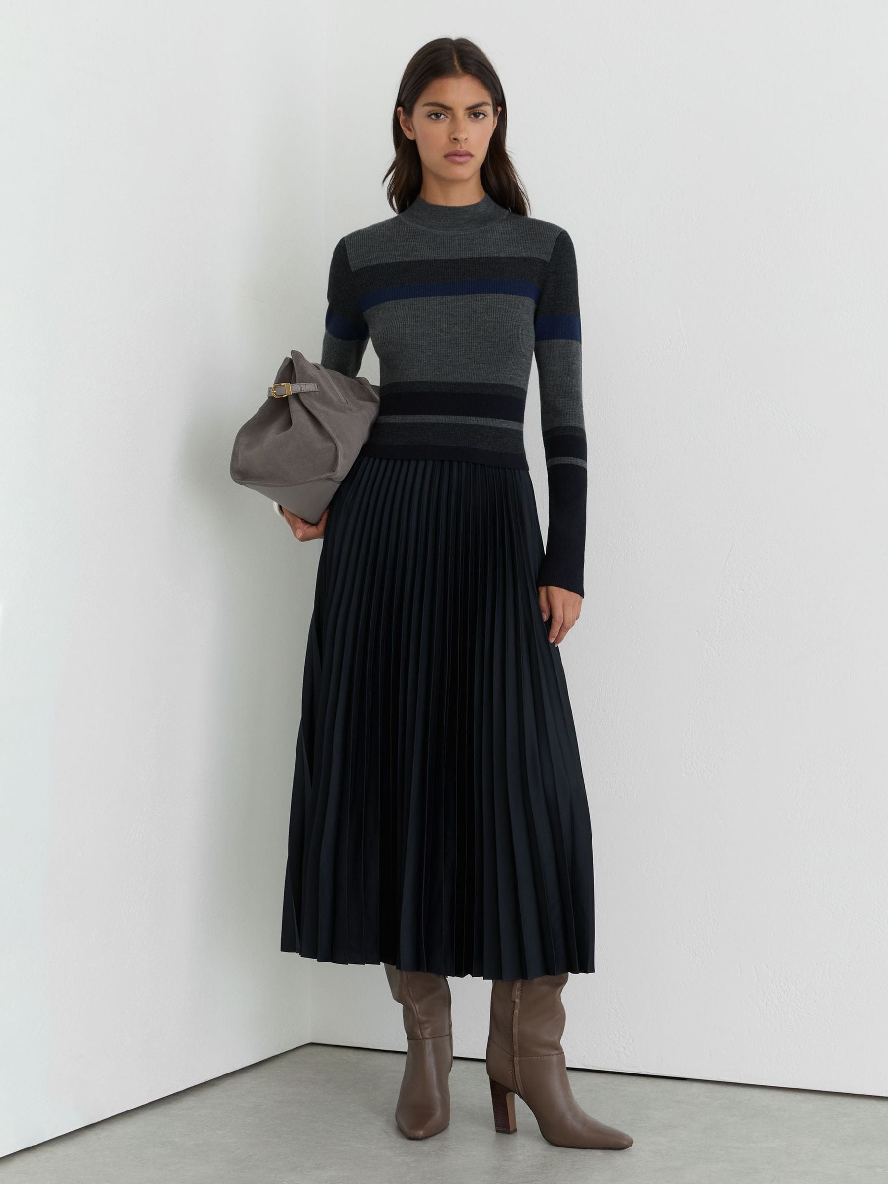 REISS Carla Striped Knit Mix Pleated Midi Dress