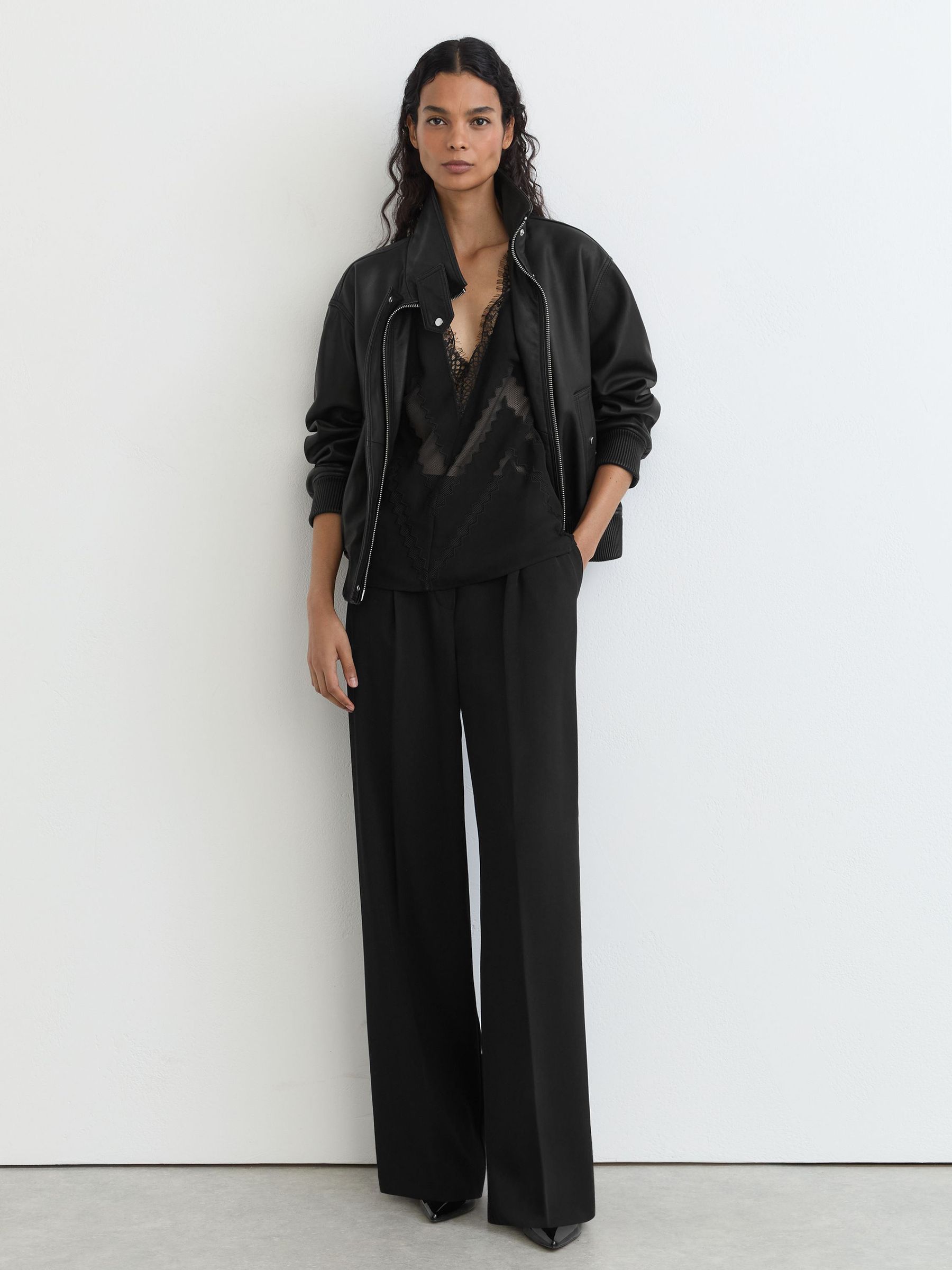 REISS Cara Petite Leather Funnel-Neck Bomber Jacket