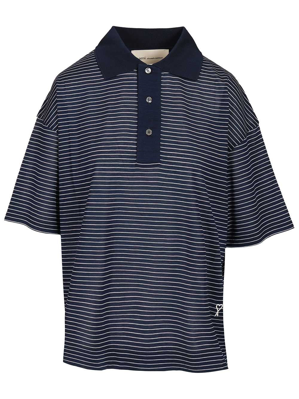 AMI AMI Paris Cotton Striped Polo with Ami de Coeur Embroidery