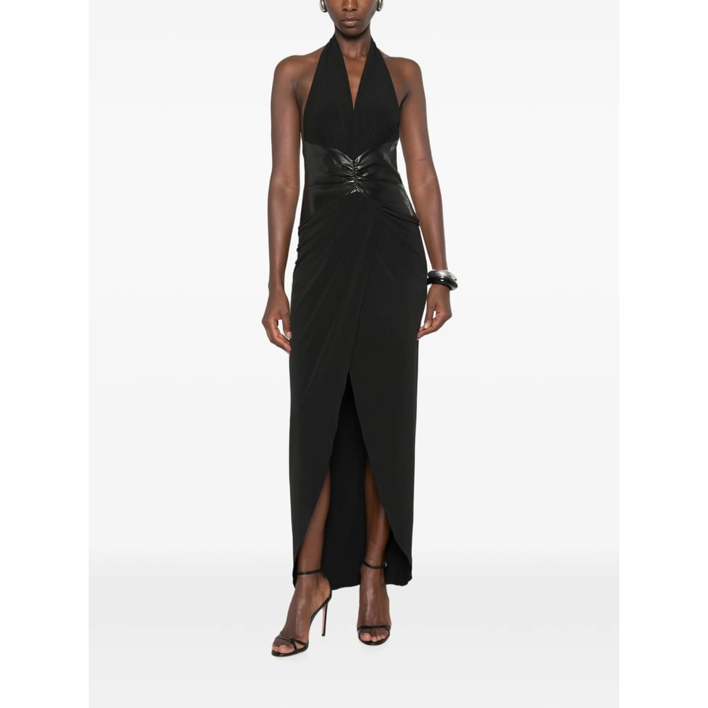ANDAMANE THE ANDAMANE Halterneck Evening Dress with Leather Paneling