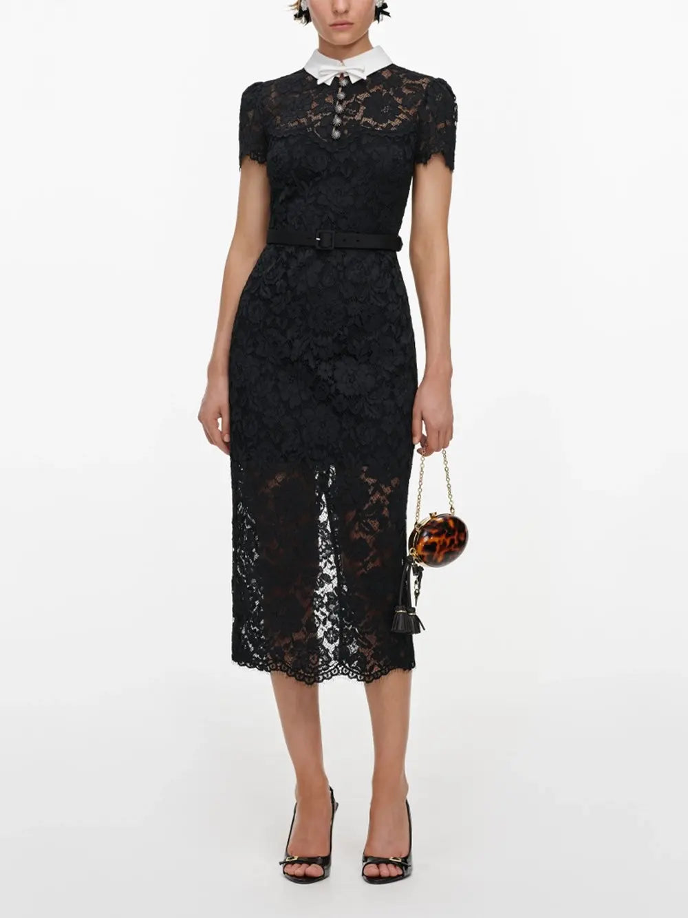 SELF-PORTRAIT SELF-PORTRAIT Lace Contrast Collar Midi Dress