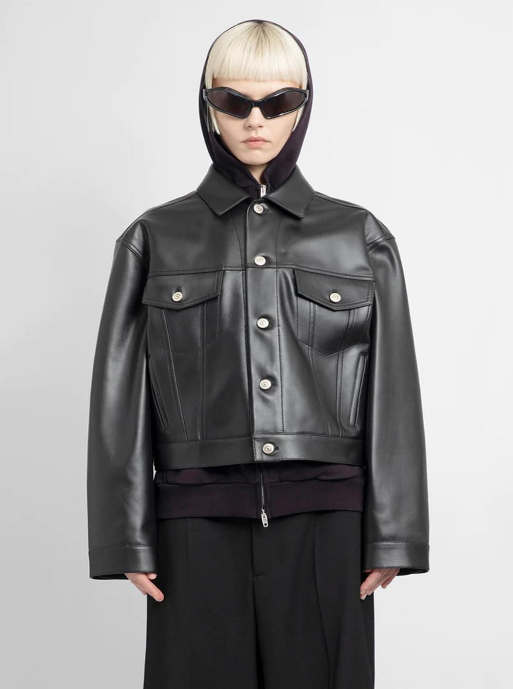 BALENCIAGA BALENCIAGA Cropped Leather Jacket with Silver-Tone Branded Buttons