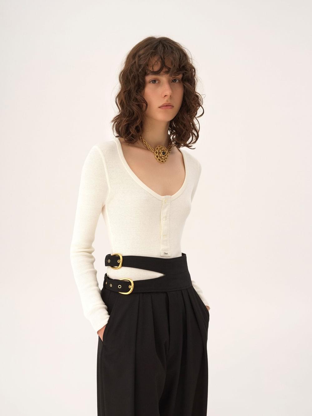CHLOÉ CHLOE Scoop-Neck Cotton Jersey Henley Top