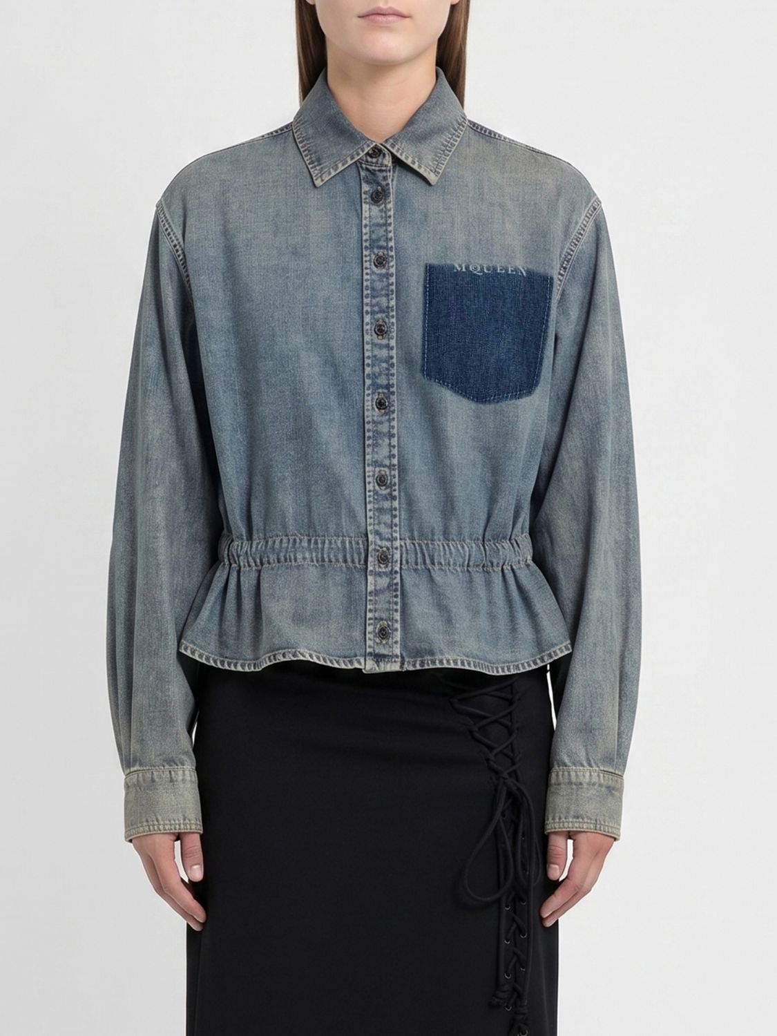 ALEXANDER MCQUEEN McQueen Relaxed Fit Cotton Denim Shirt with Dropped Shoulders