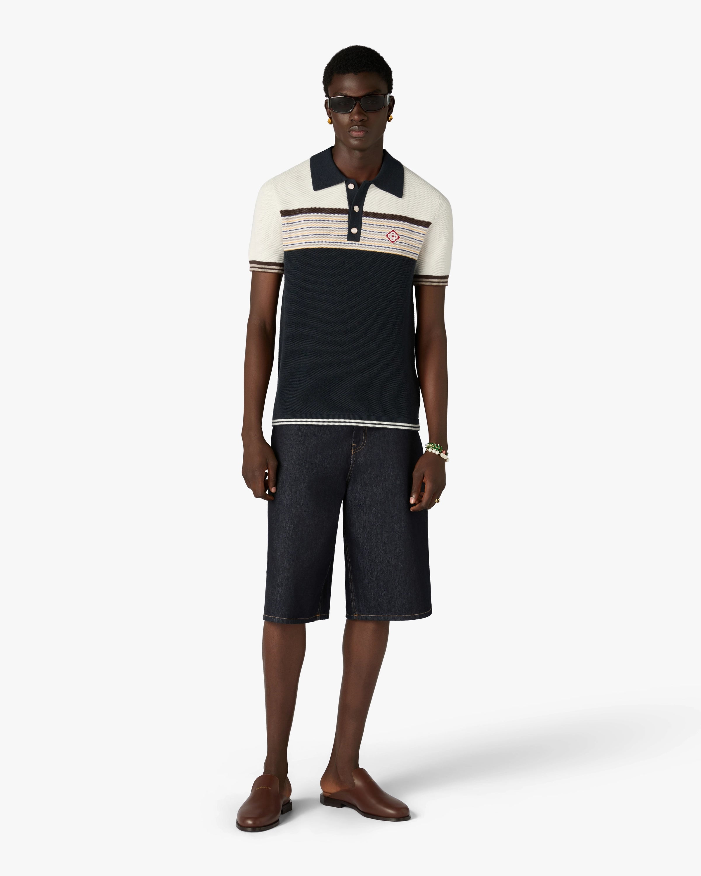 CASABLANCA café culture wool stripe short sleeve polo shirt, 