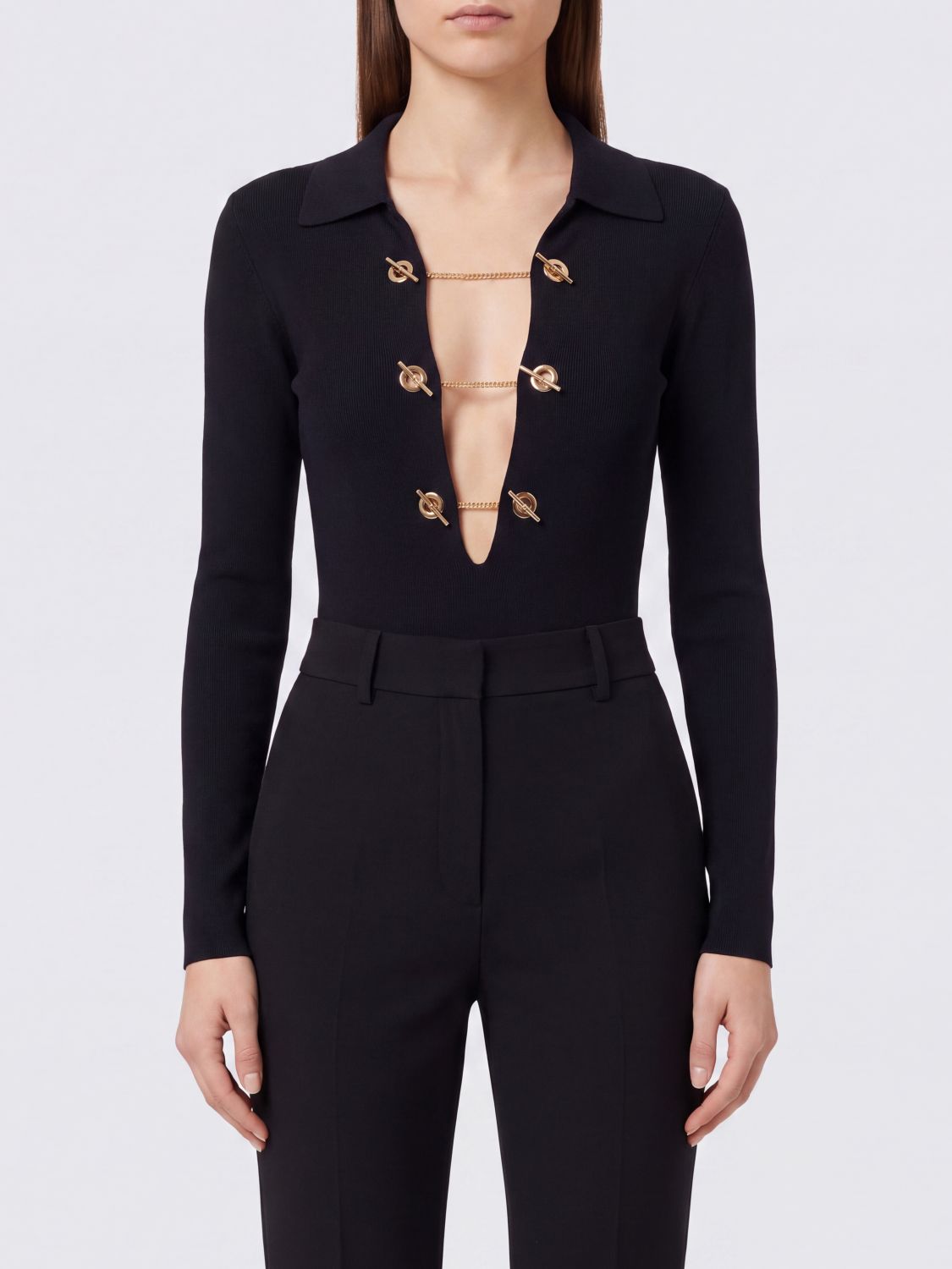 ELISABETTA FRANCHI Elisabetta Franchi Long Sleeve V-Neck Knit Top with Clamp Detail