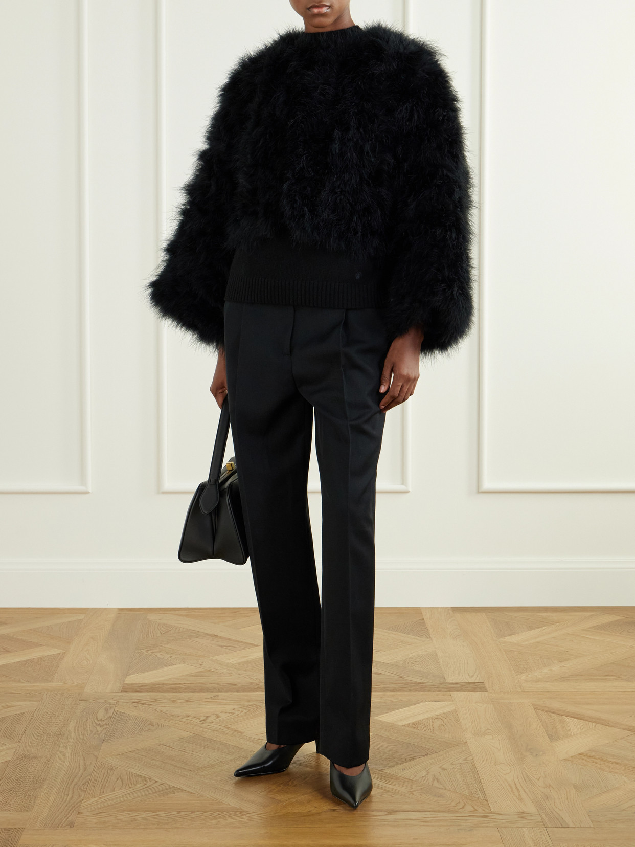YVES SALOMON YVES SALOMON Cropped Feather-Embellished Satin Cape