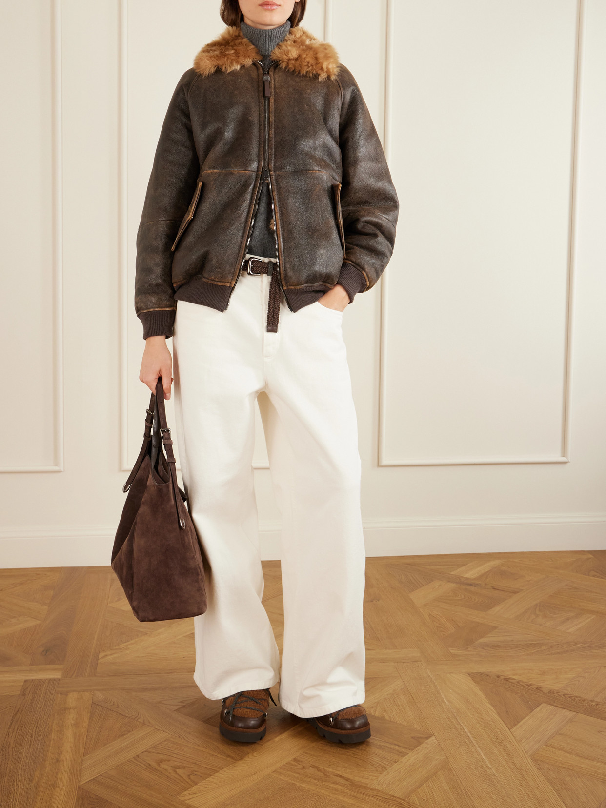 BRUNELLO CUCINELLI BRUNELLO CUCINELLI Bead-Embellished Shearling-Trimmed Leather Ankle Boots