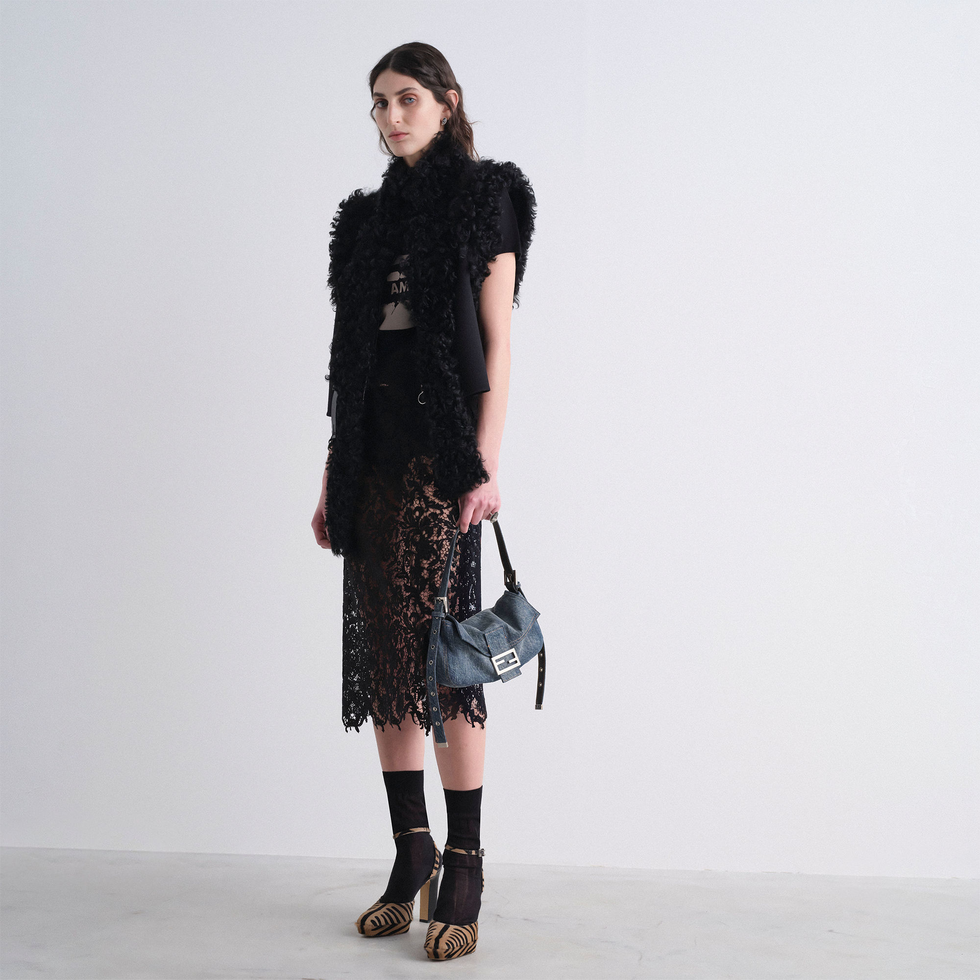 FENDI Fendi Wool Gilet with Shearling Trim