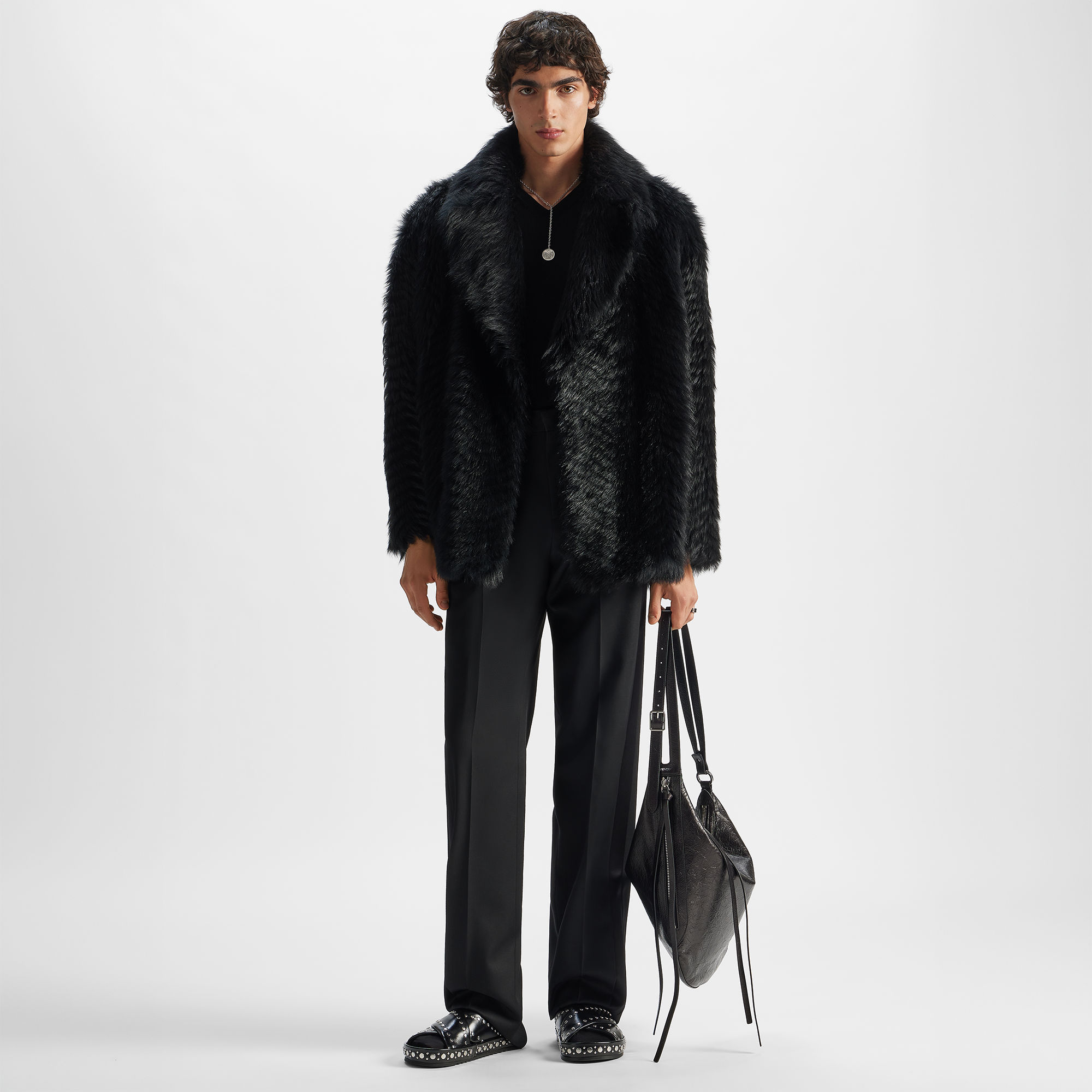 FENDI Fendi Shearling Pea Coat with Chevron Motif