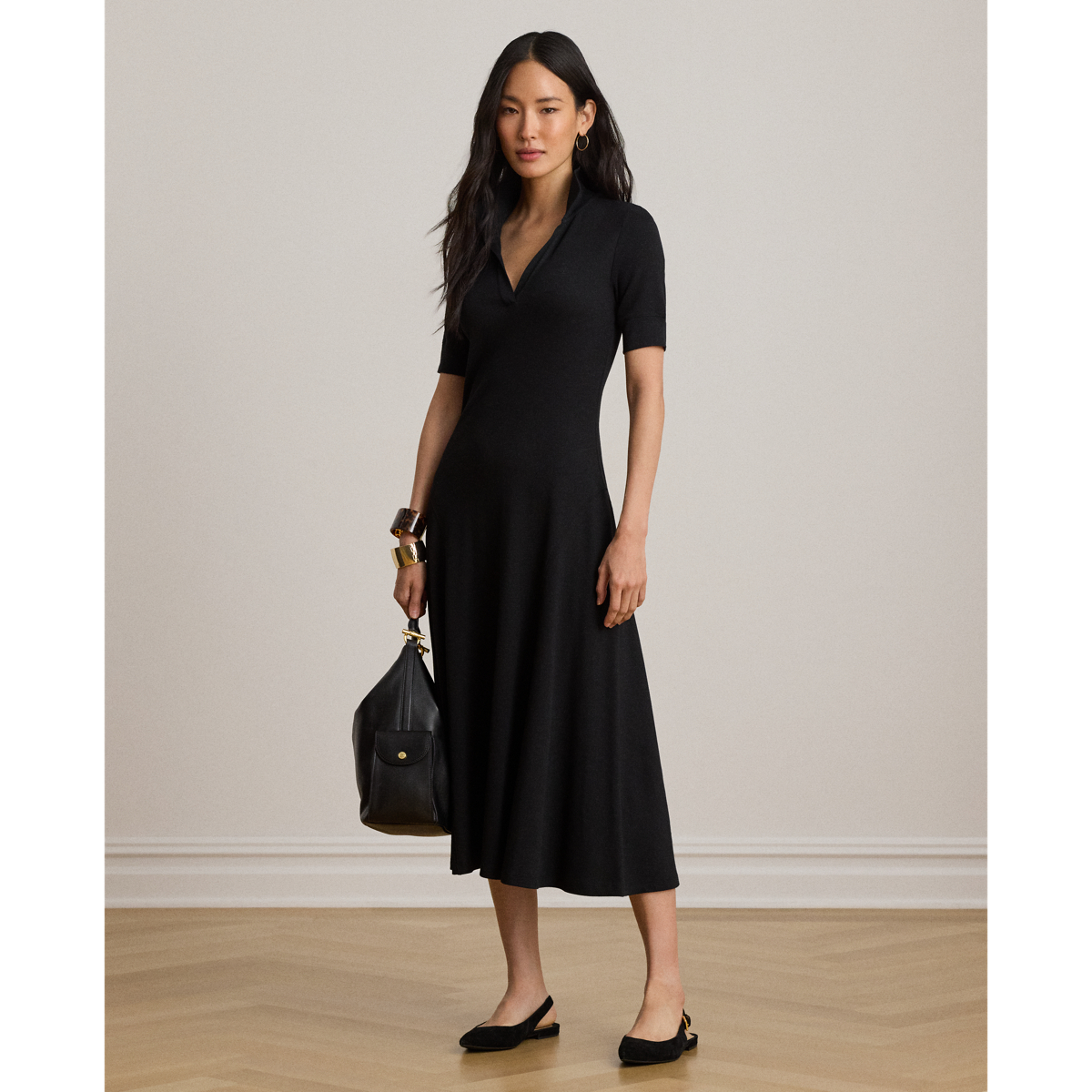 RALPH LAUREN Ralph Lauren Rib-Knit Elbow-Sleeve Polo Dress