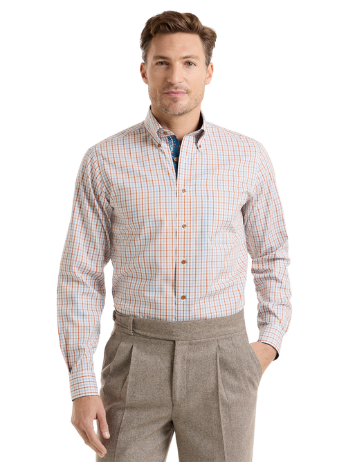 PAUL FREDRICK cotton buttondown collar pinpoint classic contrast trim button cuff long sleeve
