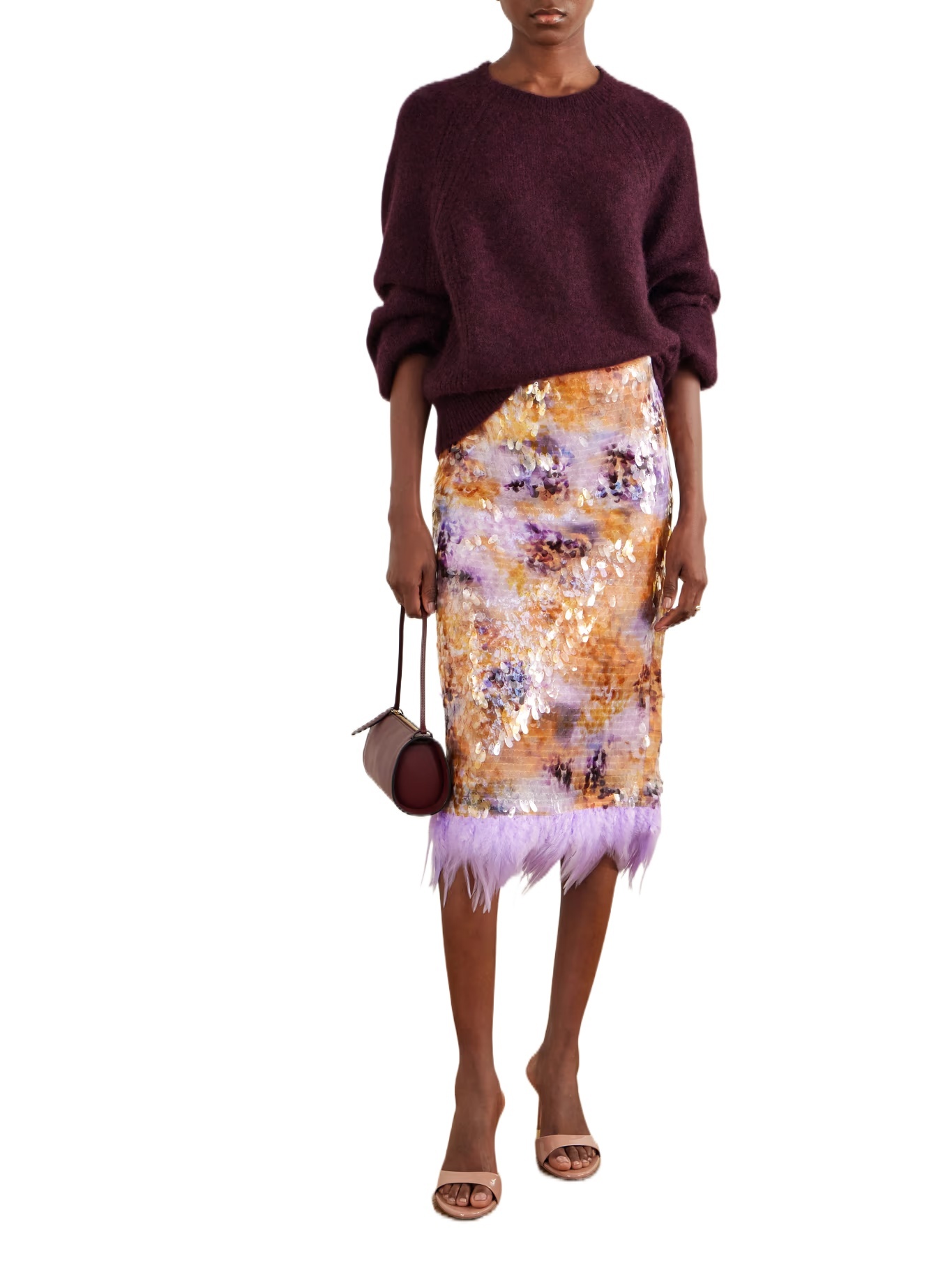 STAUD Staud Sequin Midi Skirt with Feather Trim