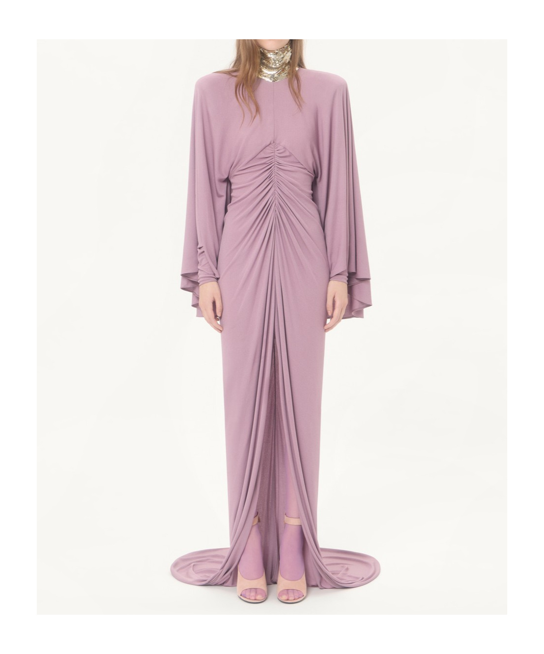 VALENTINO Valentino Long Sleeve Draped Dress with Embellished Neckline