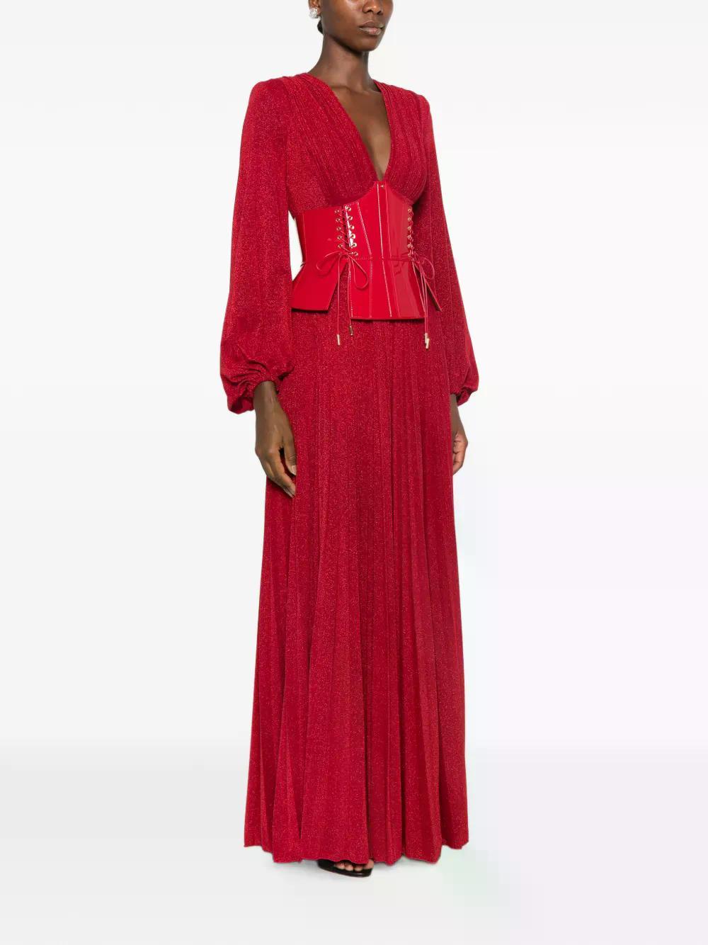 ELISABETTA FRANCHI Elisabetta Franchi Red Shimmer Corset Detail Pleated Maxi Dress