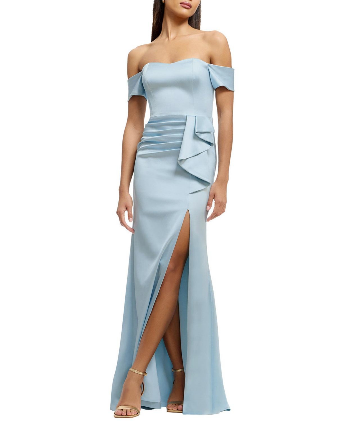 DRESS THE POPULATION Gabrielle Off-the-Shoulder Satin Ruffle Gown