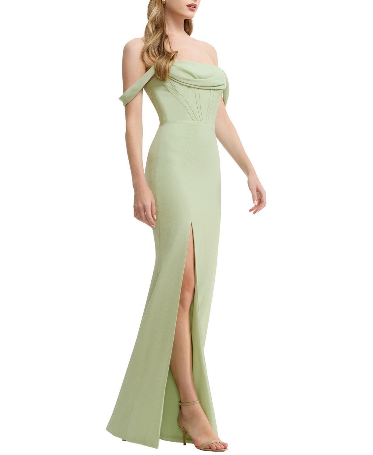 DRESS THE POPULATION Melania Off-the-Shoulder Draped Bustier Gown