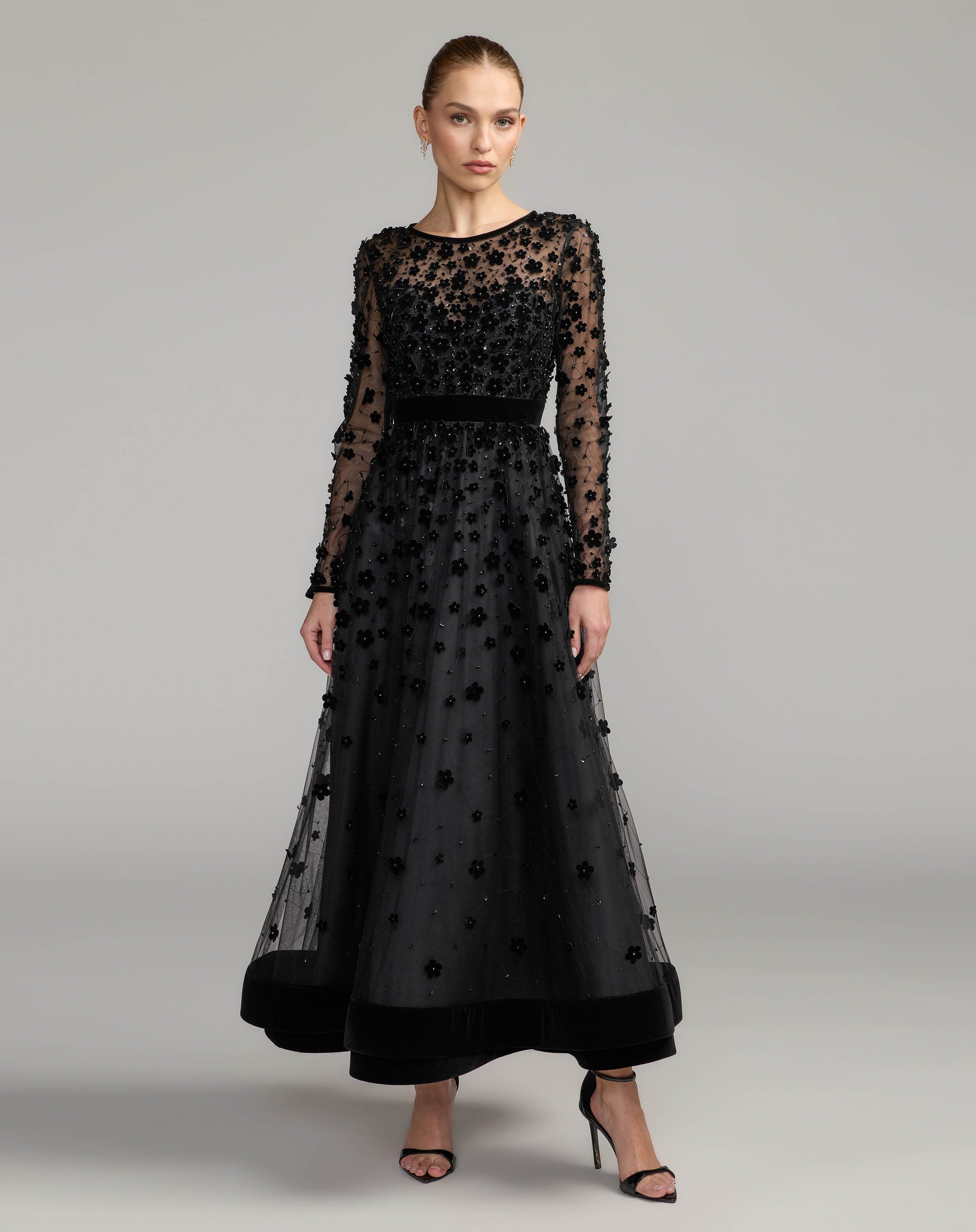 MAC DUGGAL Mac Duggal Embellished Floral Maxi Dress with Velvet Waistband
