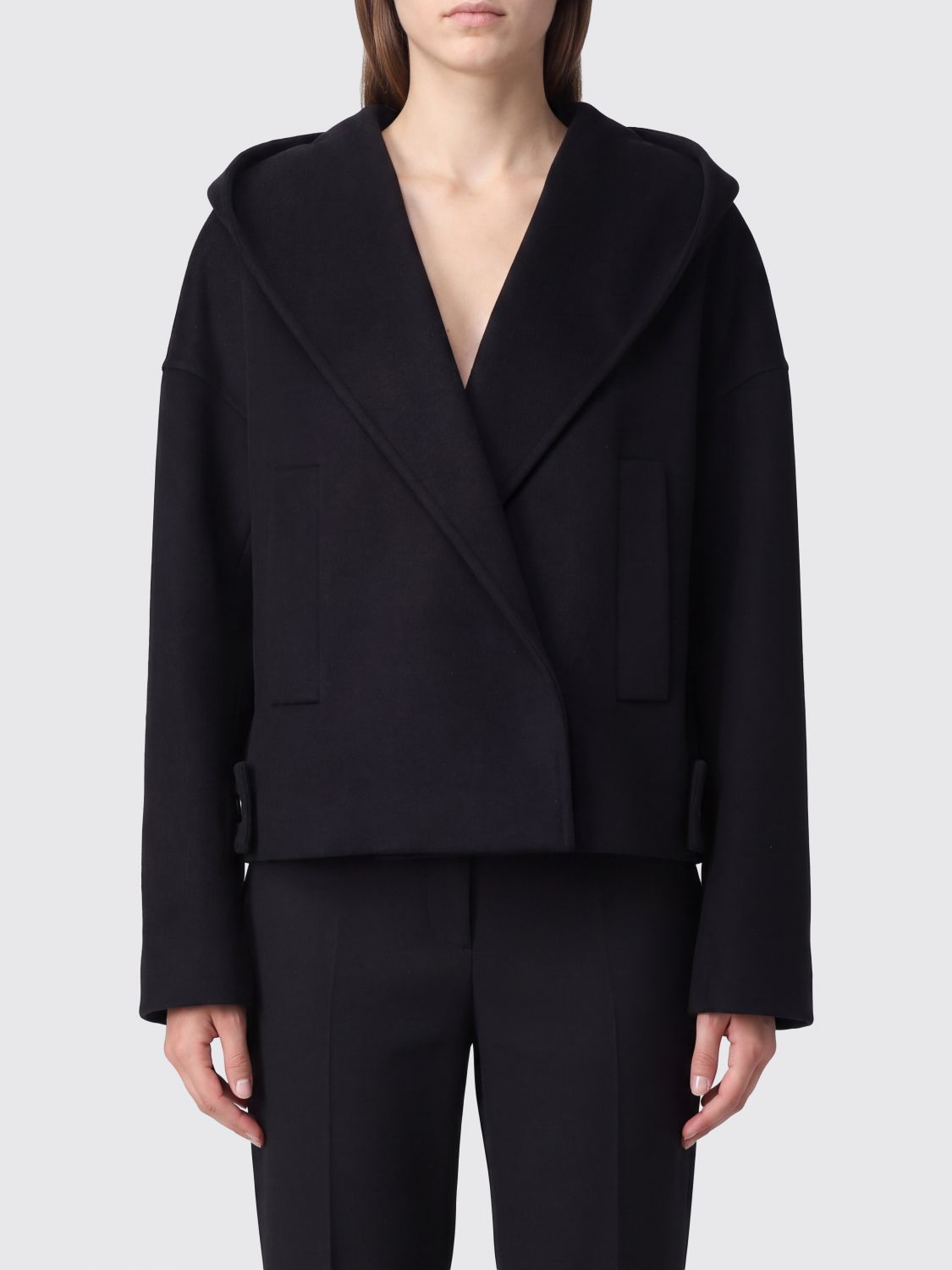 SPORTMAX Sportmax Double-Breasted Hooded Wool Pea Coat with Shawl Collar