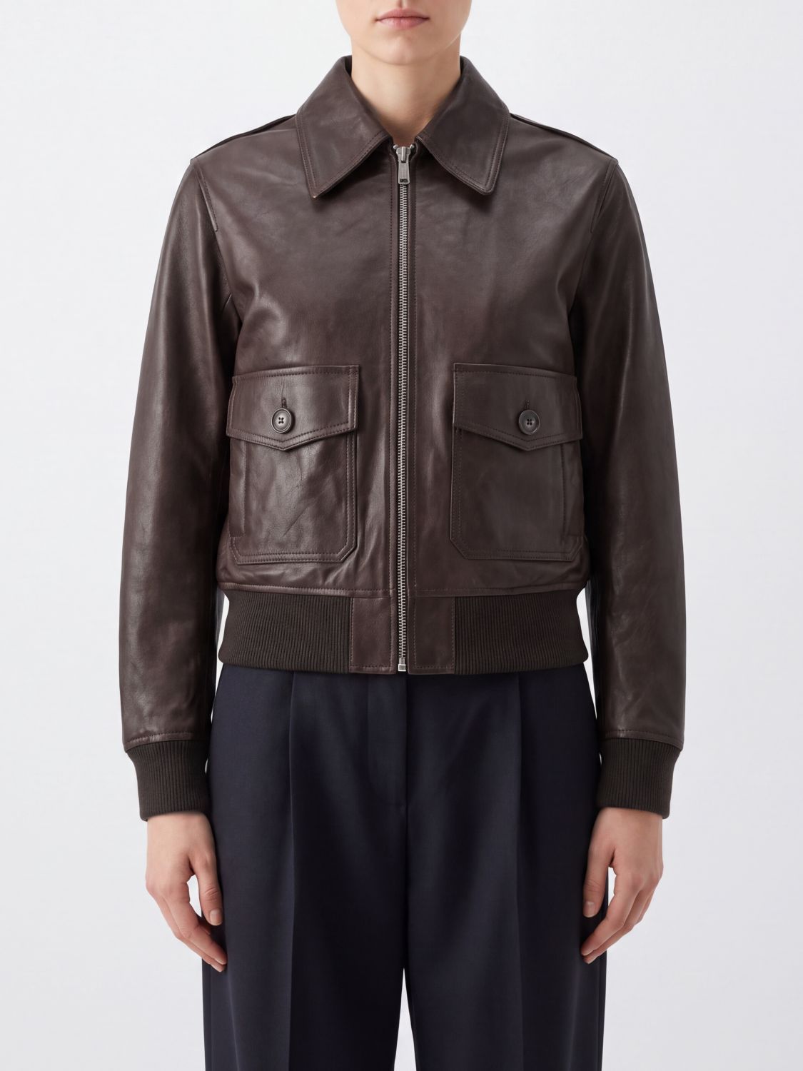 A.P.C. A.P.C. Cowhide Leather Bomber Jacket with Classic Collar and Zip Closure