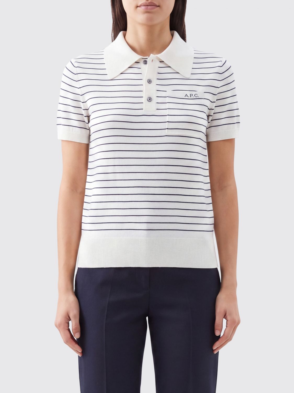 A.P.C. A.p.c. Striped Cotton Knit Polo Shirt with Short Sleeves and Patch Pocket