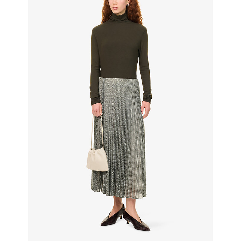 VINCE Vince Houndstooth-Print Pleated Woven Midi Skirt