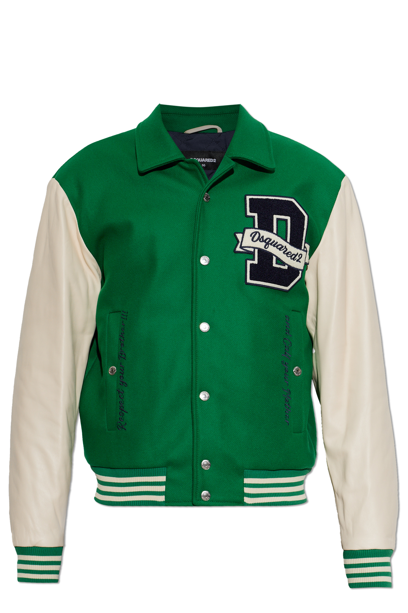 DSQUARED2 Dsquared2 Green Wool and Leather Bomber Jacket with "D" Appliqué