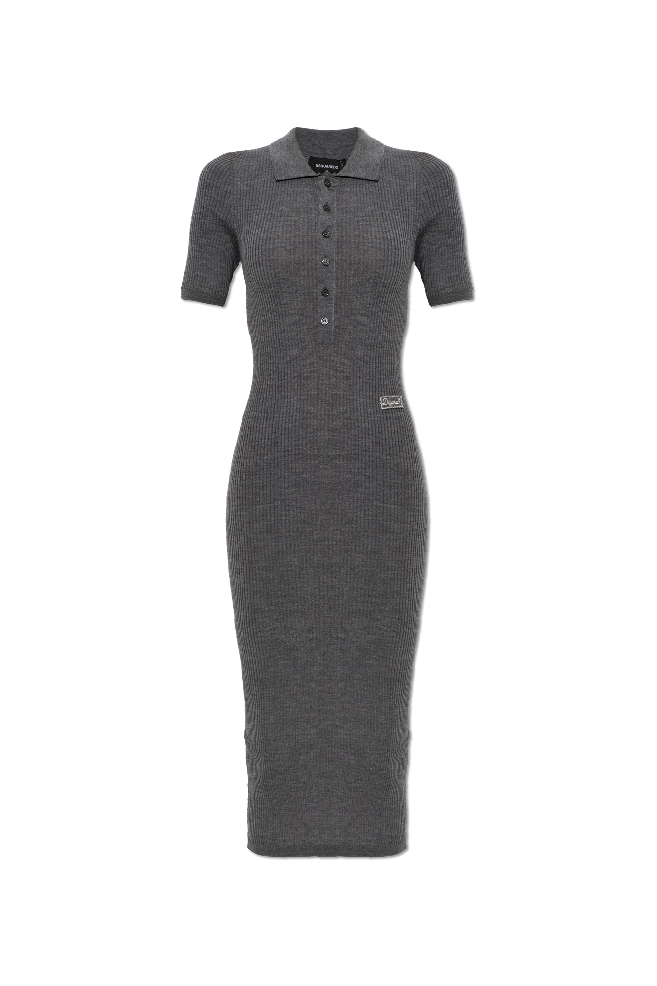 DSQUARED2 Dsquared2 Grey Ribbed Virgin Wool Midi Dress with Polo Collar