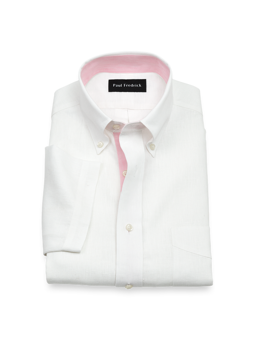 PAUL FREDRICK linen buttondown collar poplin tailored contrast trim hemmed short sleeve shirt