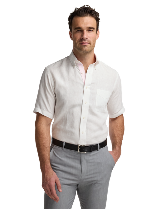 PAUL FREDRICK linen buttondown collar poplin tailored contrast trim hemmed short sleeve shirt