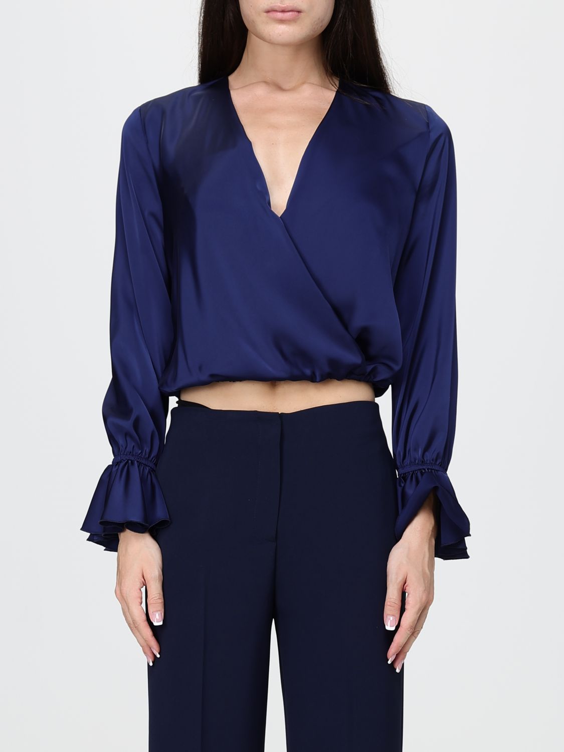 HANITA cropped satin v-neck blouse with flared long sleeves
