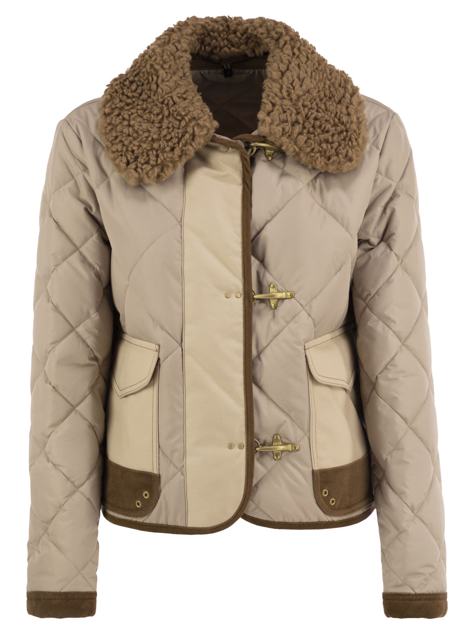 PRADA Prada Medium-Weight Old Panama Cotton Down Jacket with Removable Shearling Collar