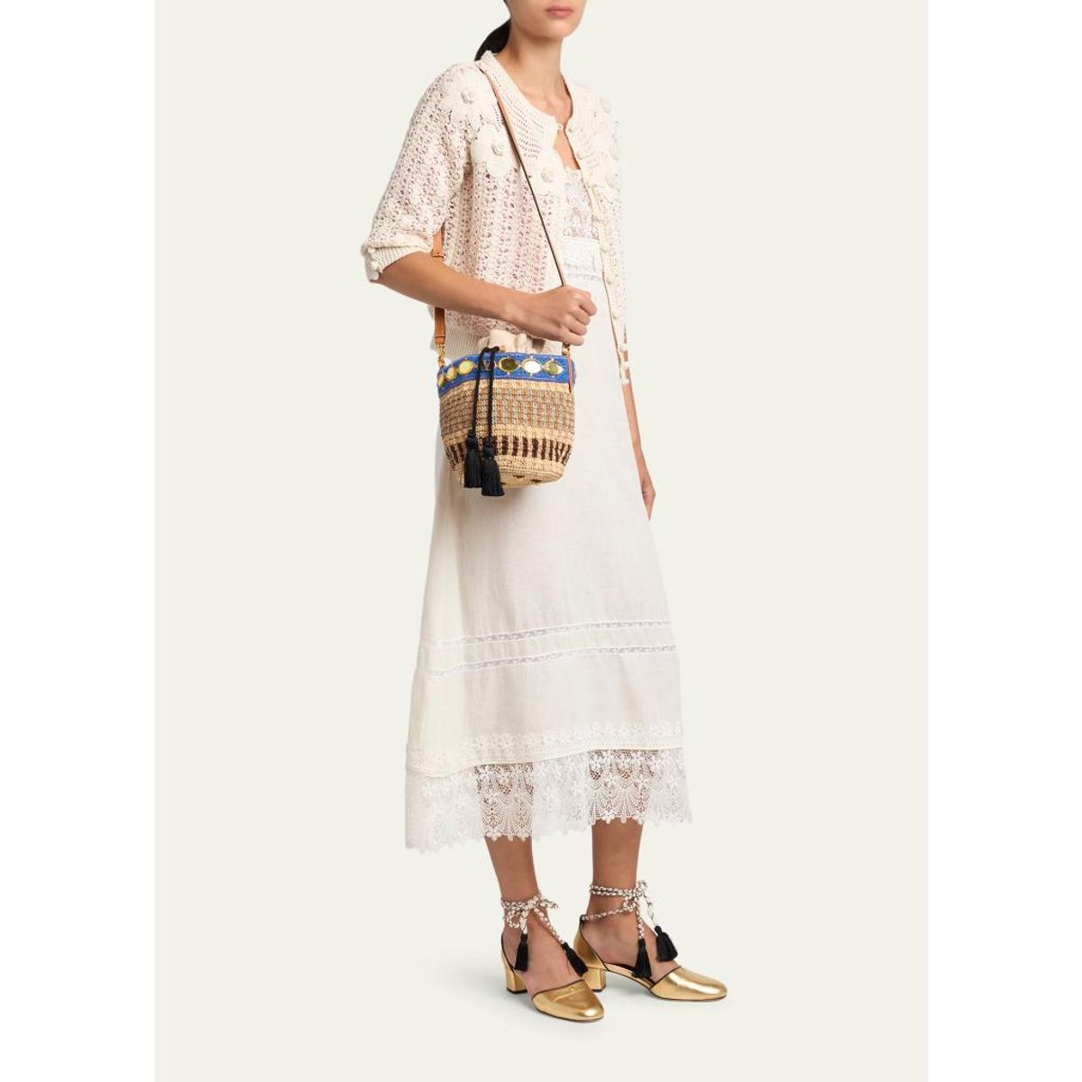 VALENTINO small viscose raffia beaded bucket bag