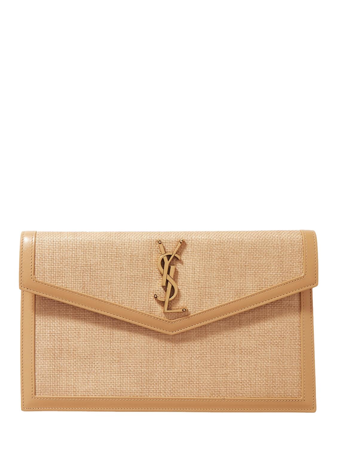 SAINT LAURENT SAINT LAURENT Uptown Leather-Trimmed Raffia Pouch