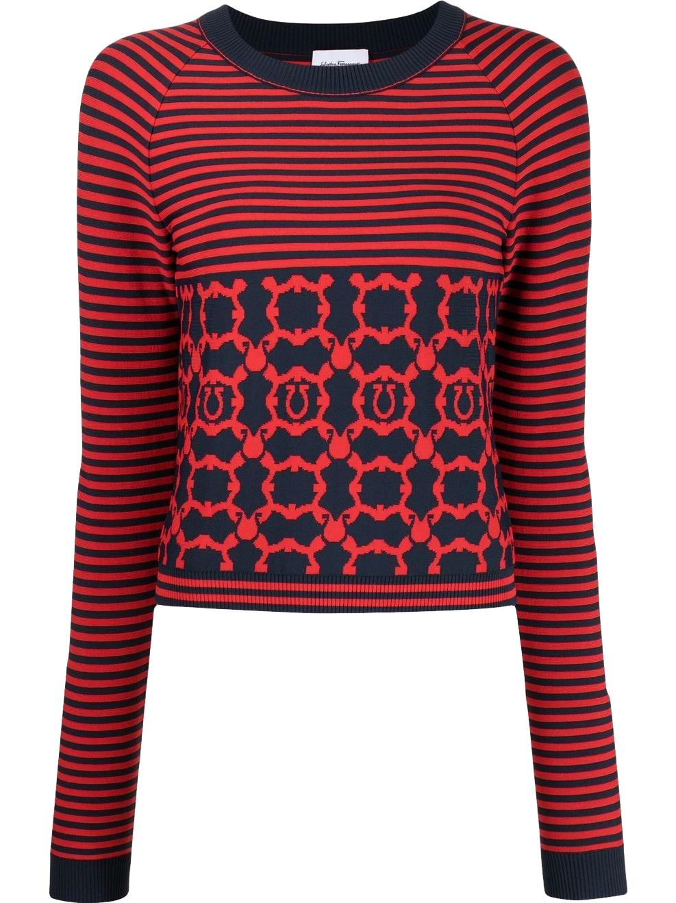 SALVATORE FERRAGAMO Striped Gancini Long-Sleeve Top